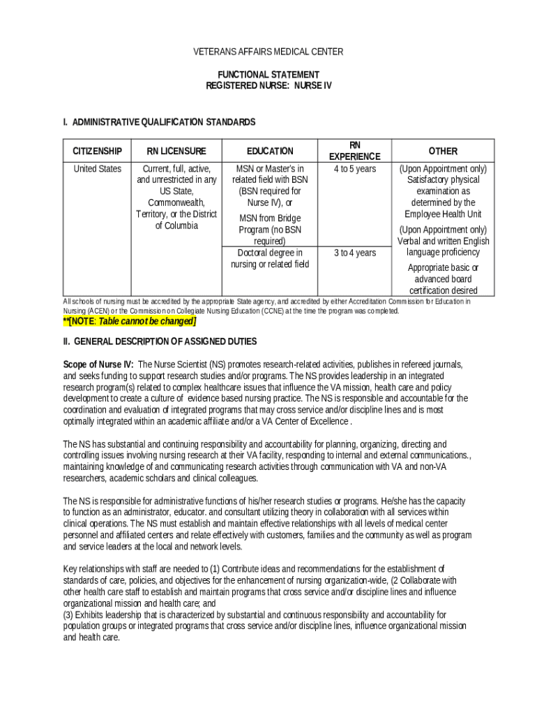 Nurse IV Scientist Functional Statement Doc Template | pdfFiller
