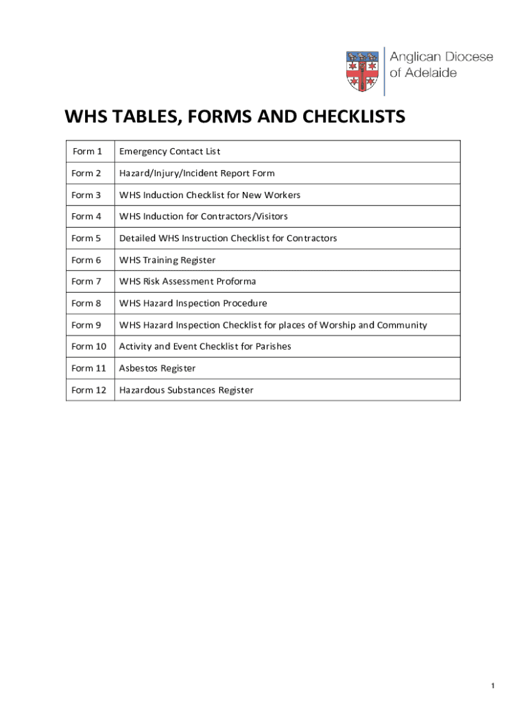 Fillable Online WHS TABLES, FORMS AND CHECKLISTS - Adelaide Anglicans ...