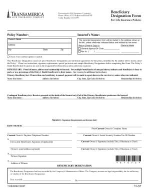 Fillable Online Beneficiary Change Form - Transamerica Corporation Fax ...