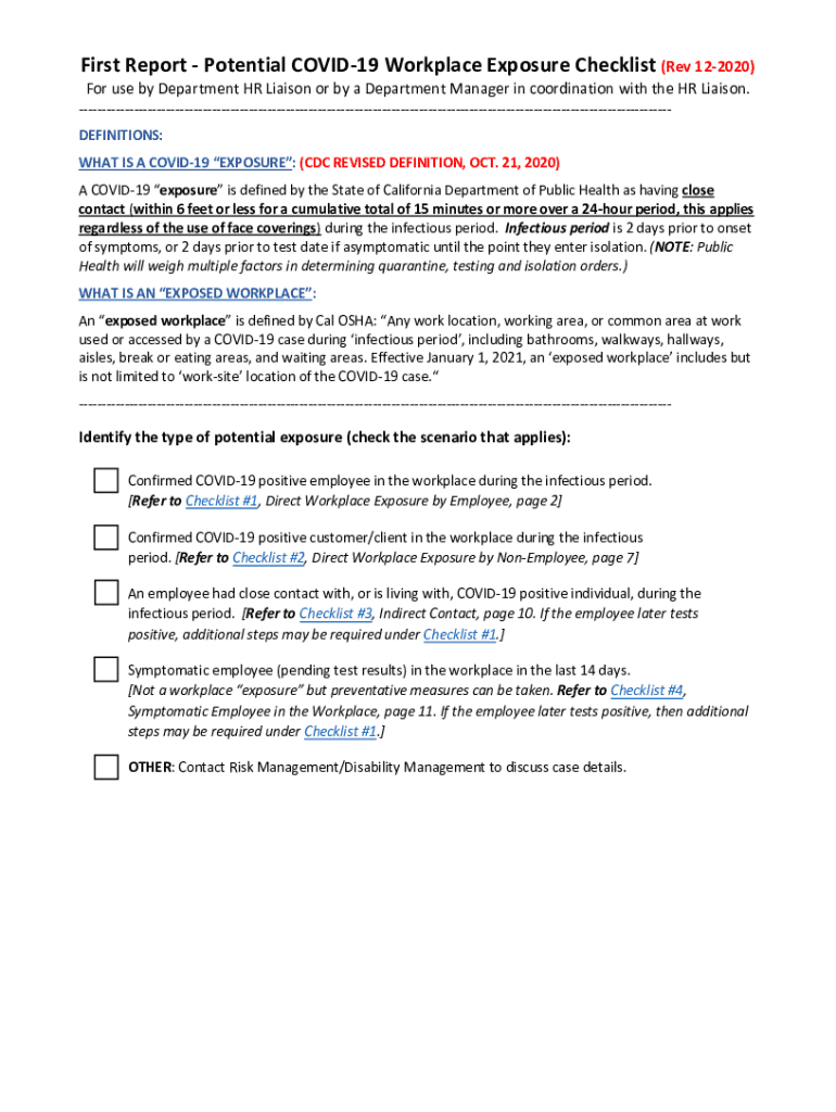 Fillable Online Potential COVID-19 Workplace Exposure Checklist ...
