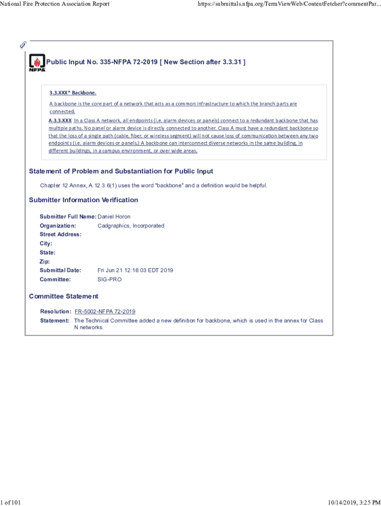 Fillable Online Public Input No. 101-NFPA 72-2019 New Section after 3.3 ...