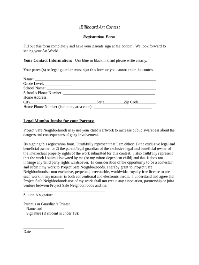 Billboard Art Contest Registration Doc Template | pdfFiller
