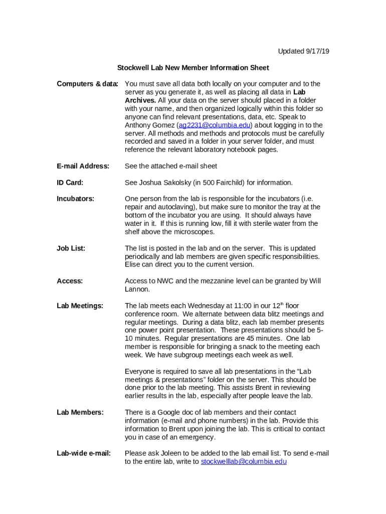 DOC Stockwell Lab New Member Ination Sheet Doc Template | pdfFiller