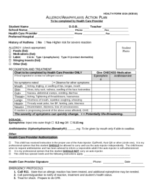 102A ALLERGY/ANAPHYLAXIS ACTION PLAN Doc Template | pdfFiller