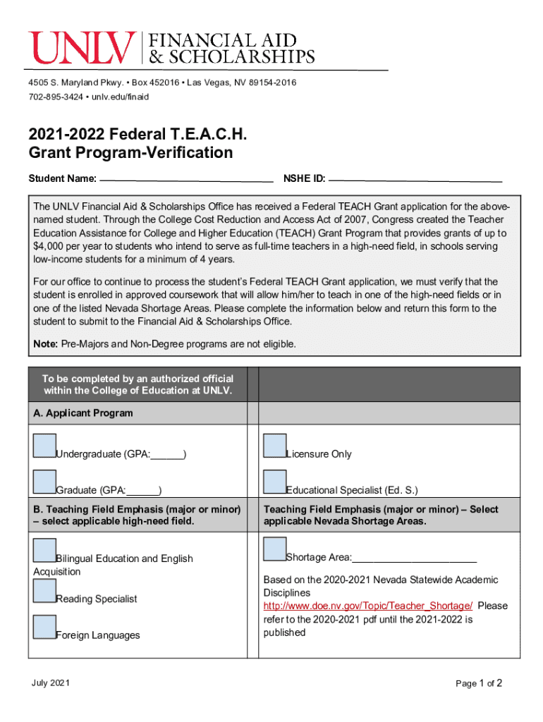 Fillable Online 2021-2022 Federal T.E.A.C.H. Grant Program-Verification ...