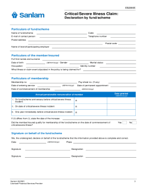 Fillable Online Claim for Critical/Severe Illness - Sanlam Fax Email ...