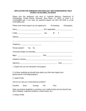 Fillable Online application for admission archaeology and ethnographic ...
