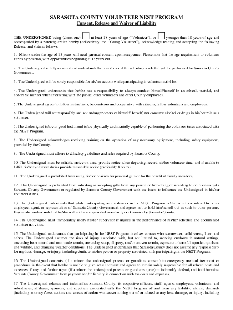 Fillable Online Volunteer Release Form. Liability Waiver for Sarasota ...