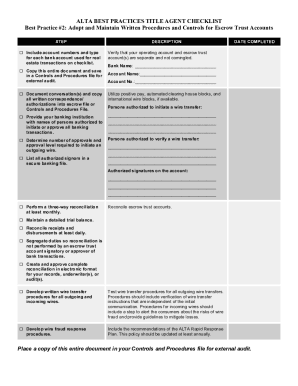 Fillable Online ALTA BEST PRACTICES TITLE AGENT CHECKLIST Best Practice ...