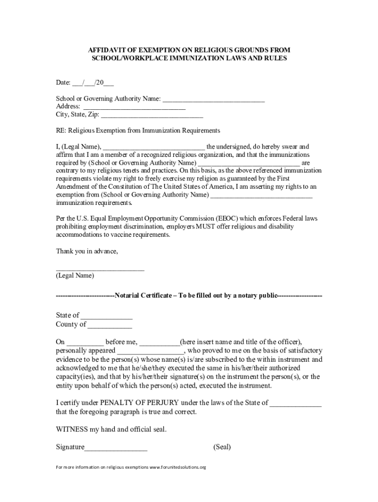Fillable Online AFFIDAVIT OF EXEMPTION ON RELIGIOUS GROUNDS (ADULT)62 ...