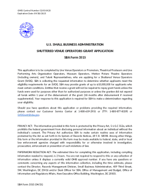 Fillable Online Form SBA Form 3515 Grant for Shuttered Venue Operators ...