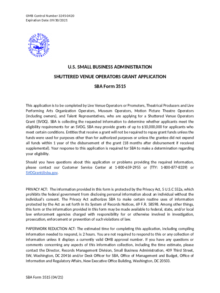 Fillable Online Form SBA Form 3515 Grant for Shuttered Venue Operators ...