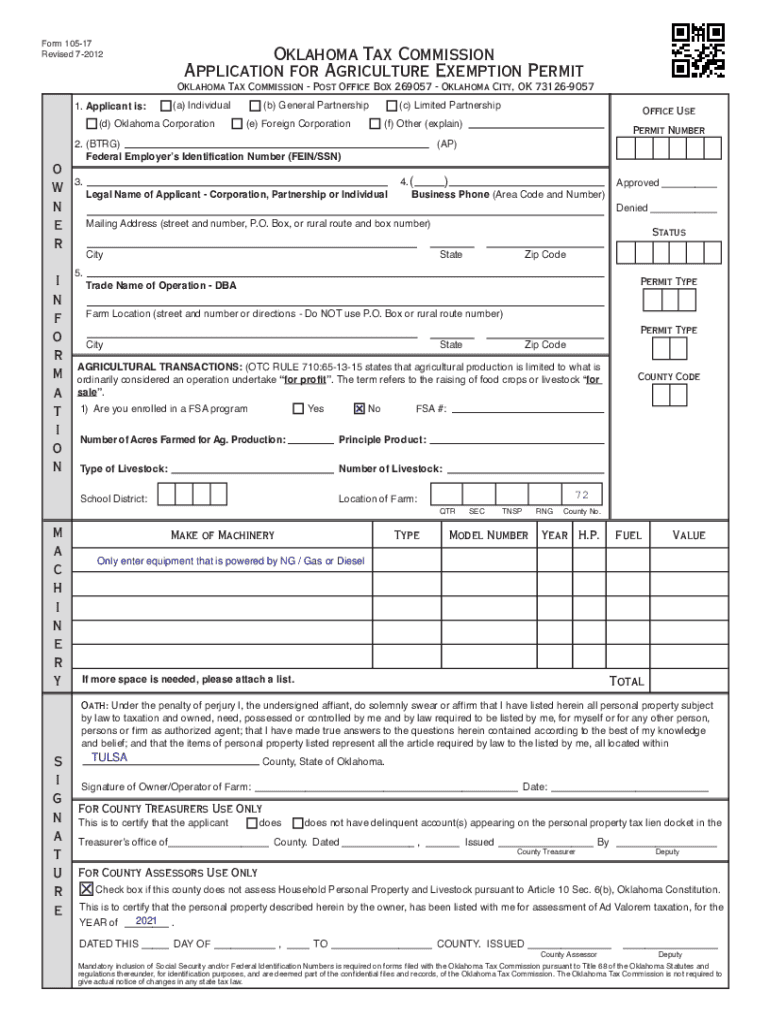 Fillable Online assessor tulsacounty Application for Agriculture ...
