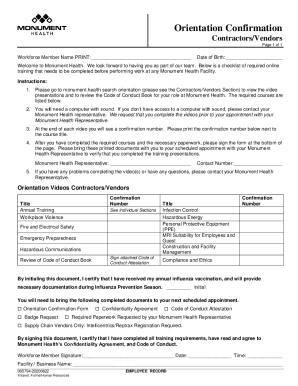 Fillable Online Vendor Contractor Orientation Packet - Monument Health ...