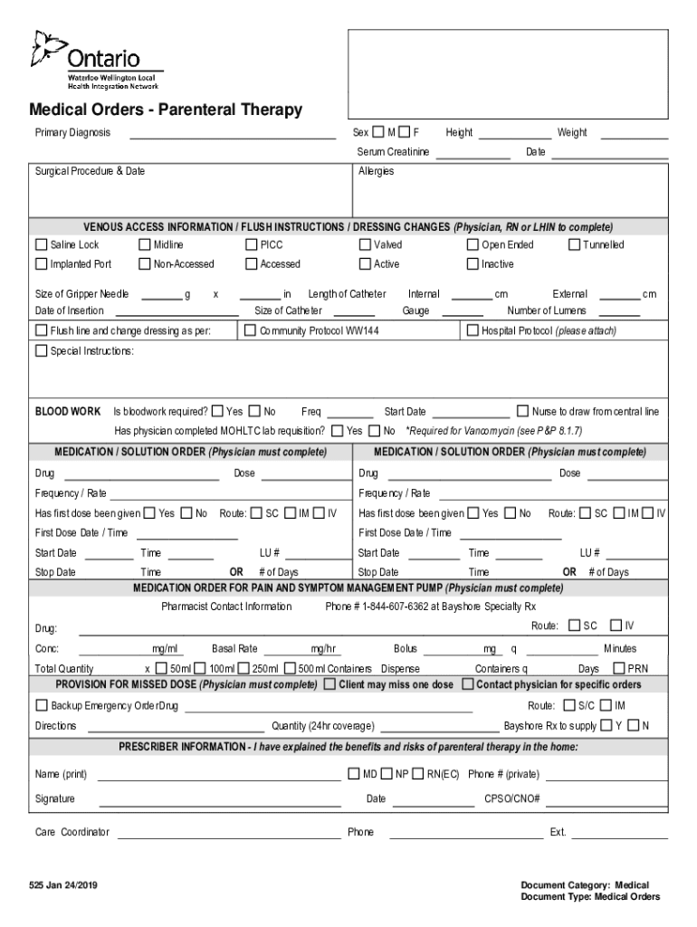Fillable Online 525 Medical Orders - Parenteral Therapy - Fillable ...