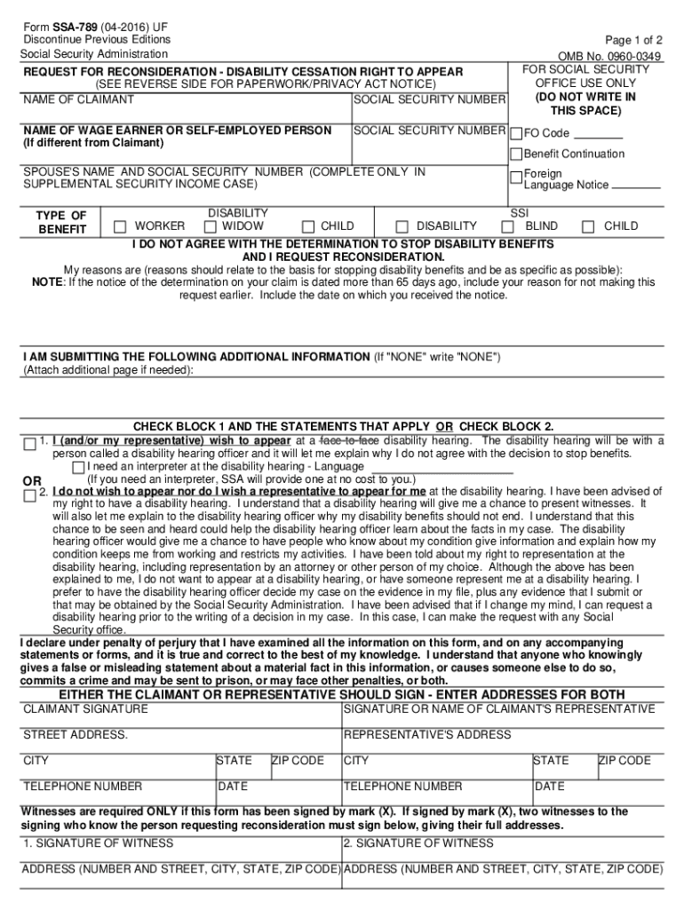 Fillable Online SSA 789 Request for ReconsiderationDisability Cessation ...