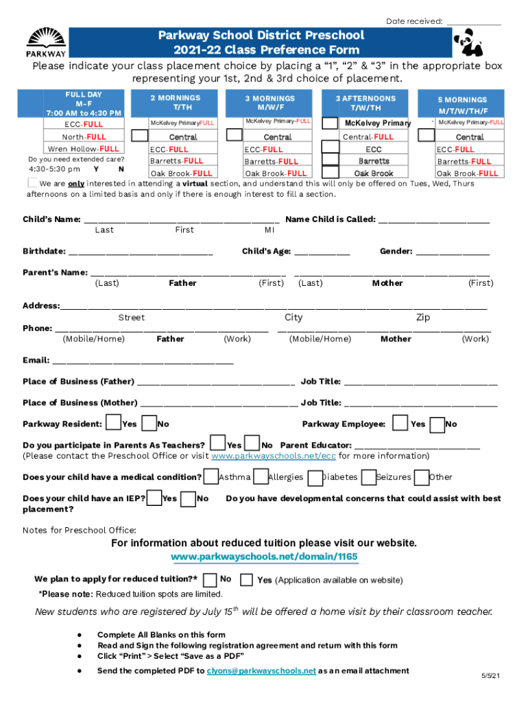 Fillable Online Parkway School District Preschool Fax Email Print ...