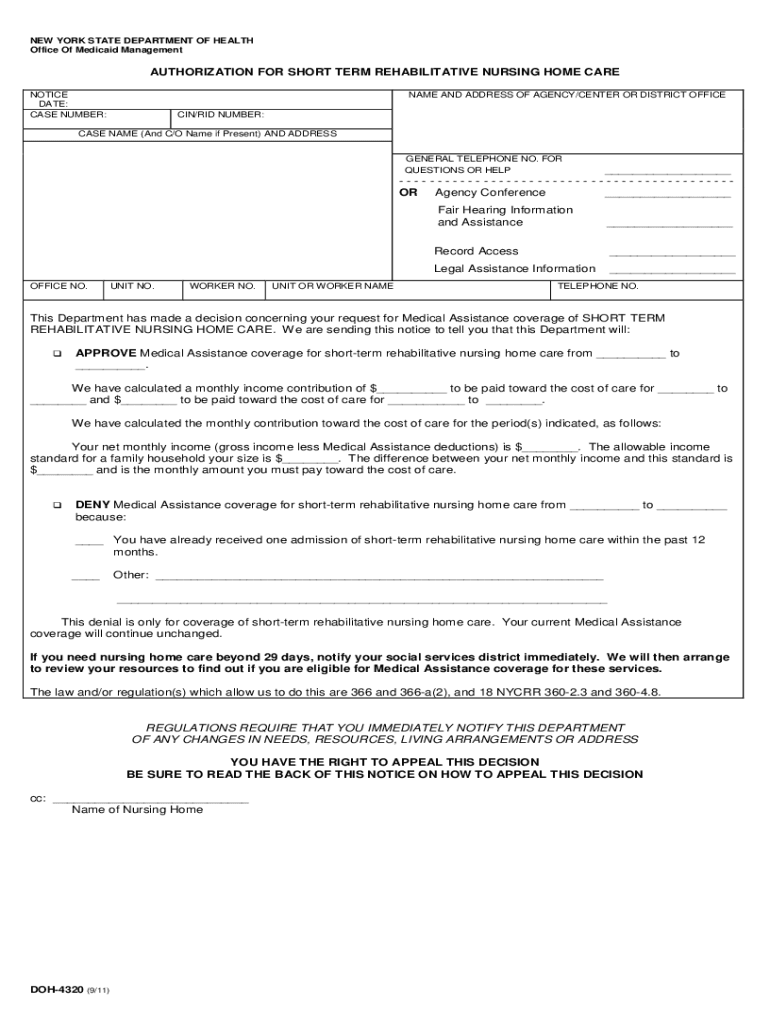 Fillable Online AUTHORIZATION FOR SHORT TERM REHABILITATIVE NURSING ...