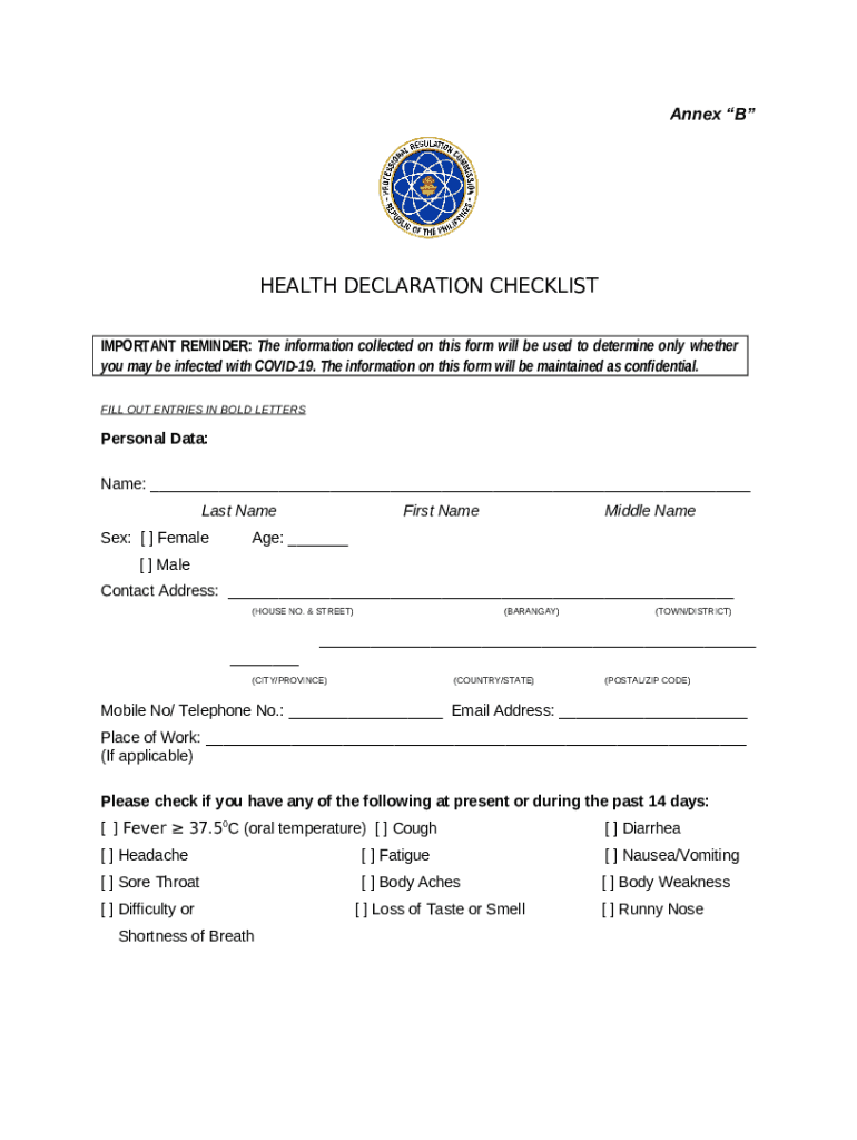 Health Declaration Annex A2 KoronadalPDF ... Doc Template | pdfFiller