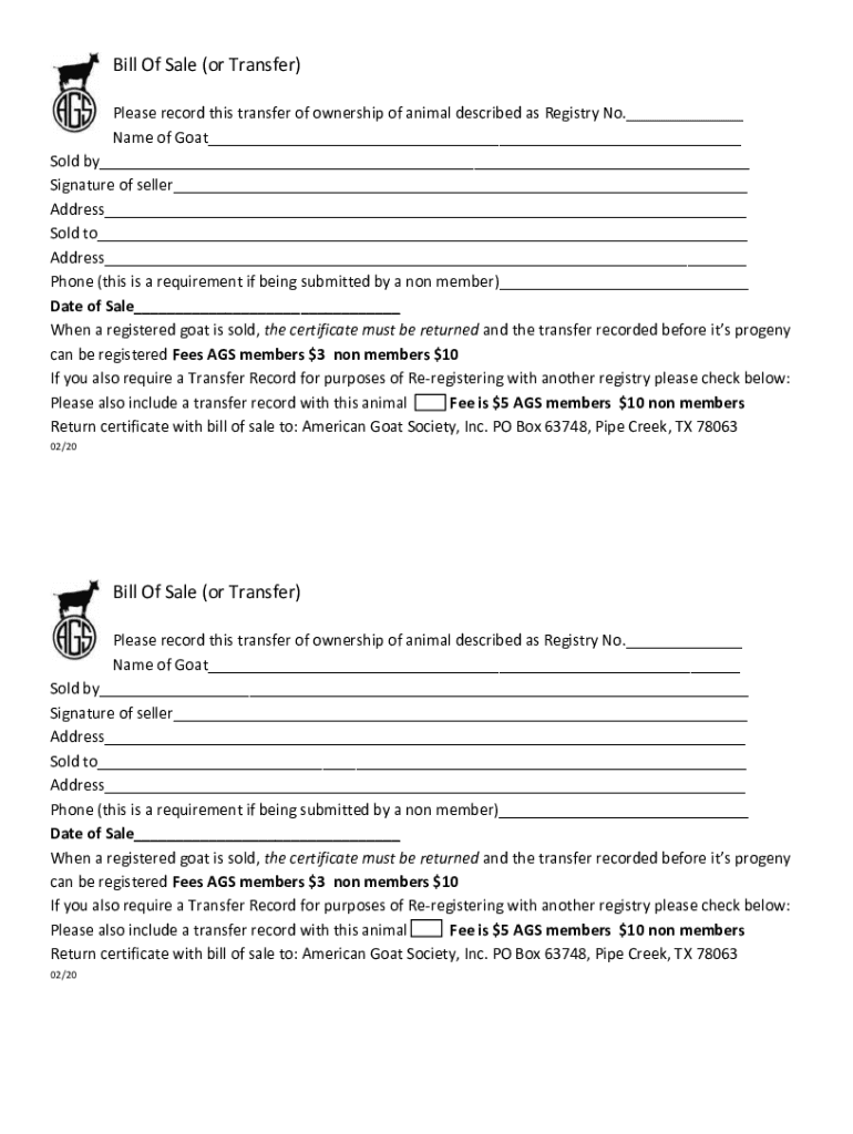 Fillable Online Bill Of Sale (or Transfer) - American Goat Society Fax ...
