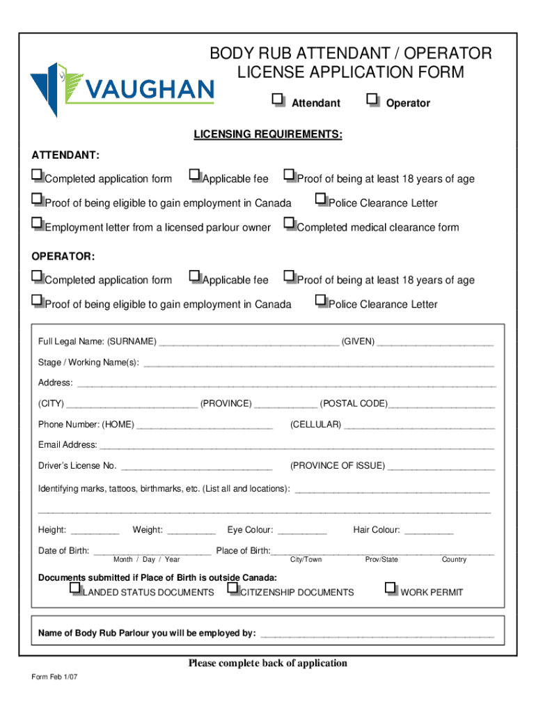 Fillable Online BODY RUB ATTENDANT / OPERATOR LICENSE APPLICATION FORM ...