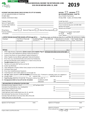 Fillable Online DUBLIN INDIVIDUAL INCOME TAX RETURN (DIR-1040) DUE ON ...