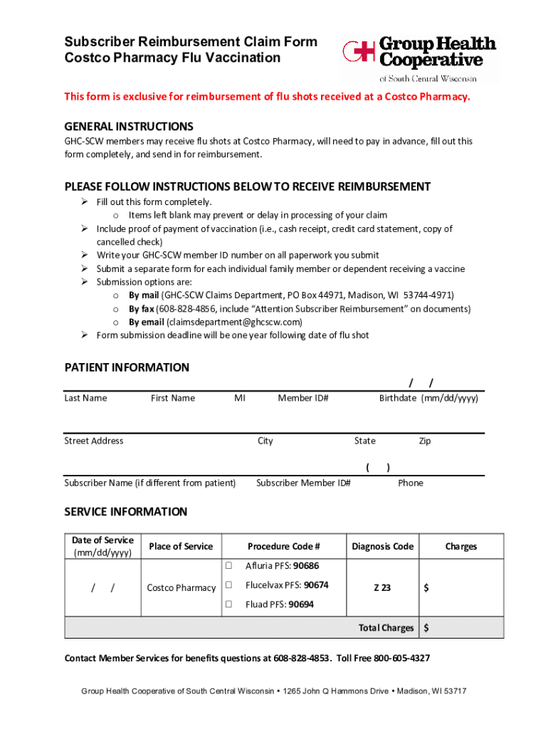 Fillable Online Subscriber Reimbursement Claim Form Costco Pharmacy Flu ...