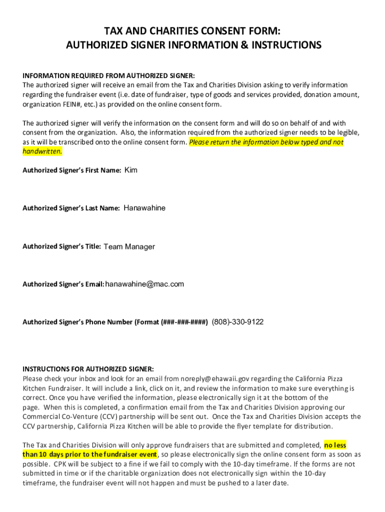 Fillable Online tax and charities consent form: authorized signer ...