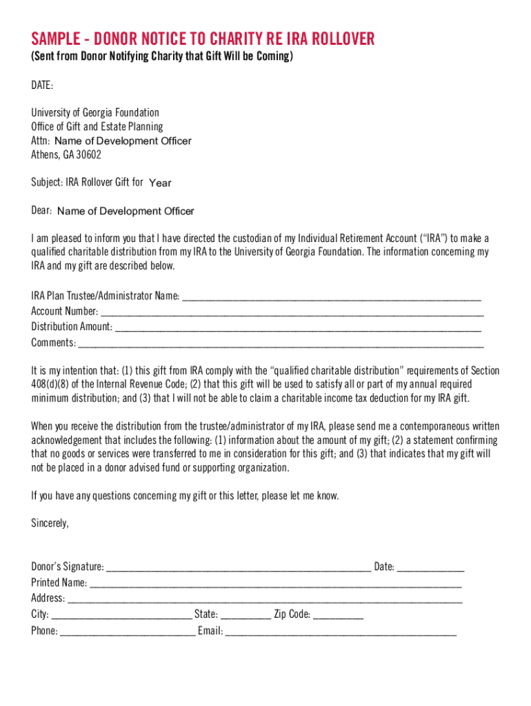 Fillable Online SAMPLE - DONOR NOTICE TO CHARITY RE IRA ROLLOVER Fax ...