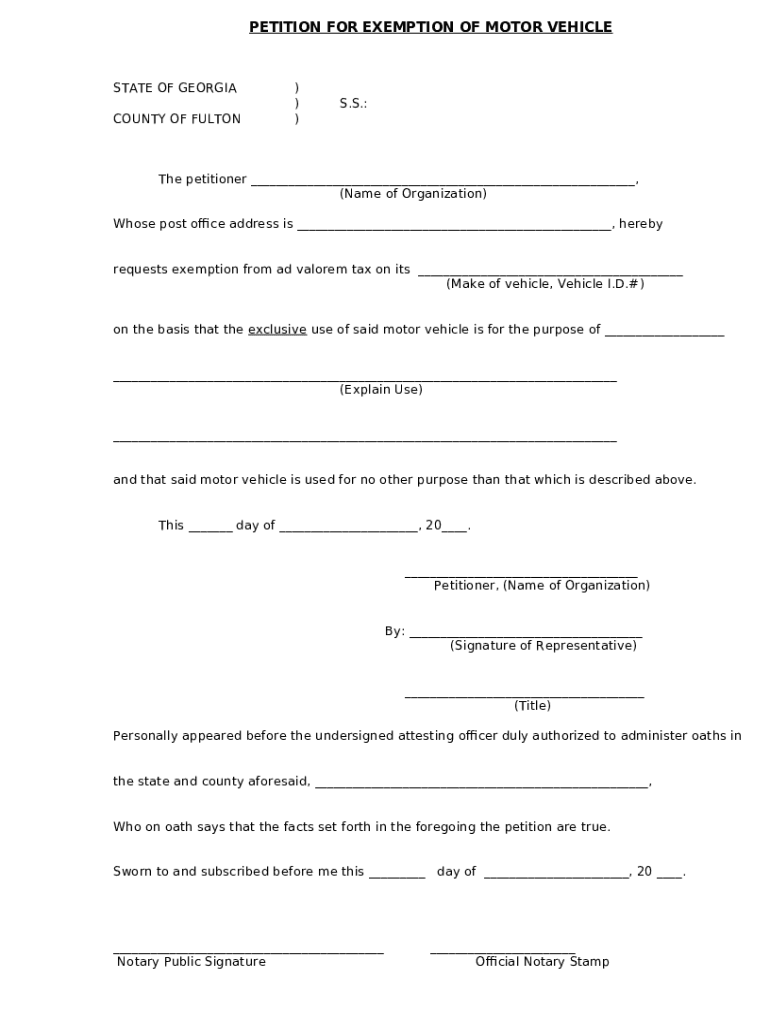 PETITION FOR EXEMPTION OF MOTOR VEHICLE Doc Template | pdfFiller