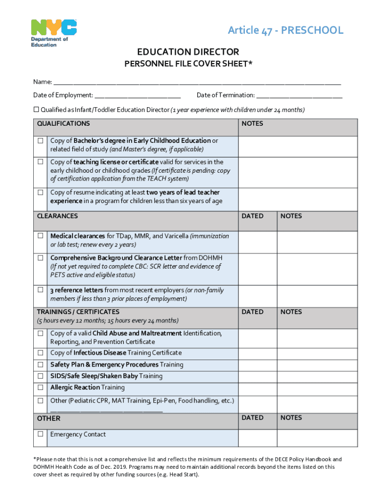 Fillable Online Article 47 Infant Toddler Personnel File Cover Sheet - InfoHub Fax Email Print ...