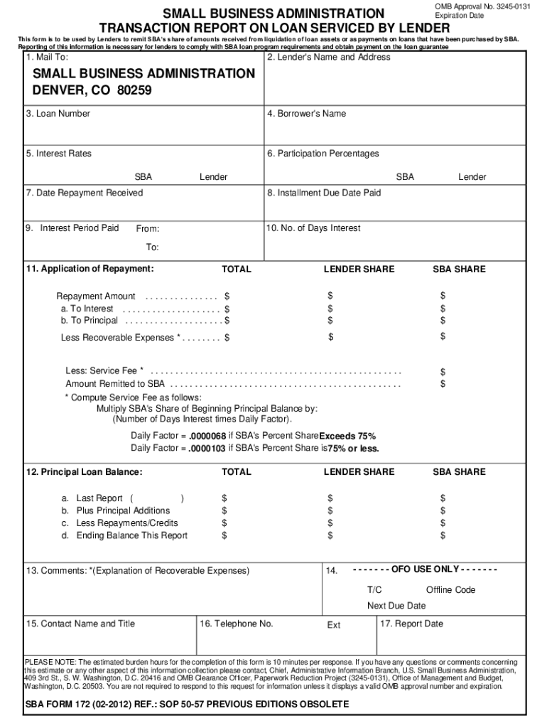Fillable Online SBA Form 172 TRANSACTION REPORT ON LOAN SERVICED BY ...