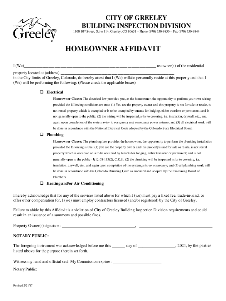 Fillable Online Homeowner Affidavit - Greeley, Colorado Fax Email Print ...