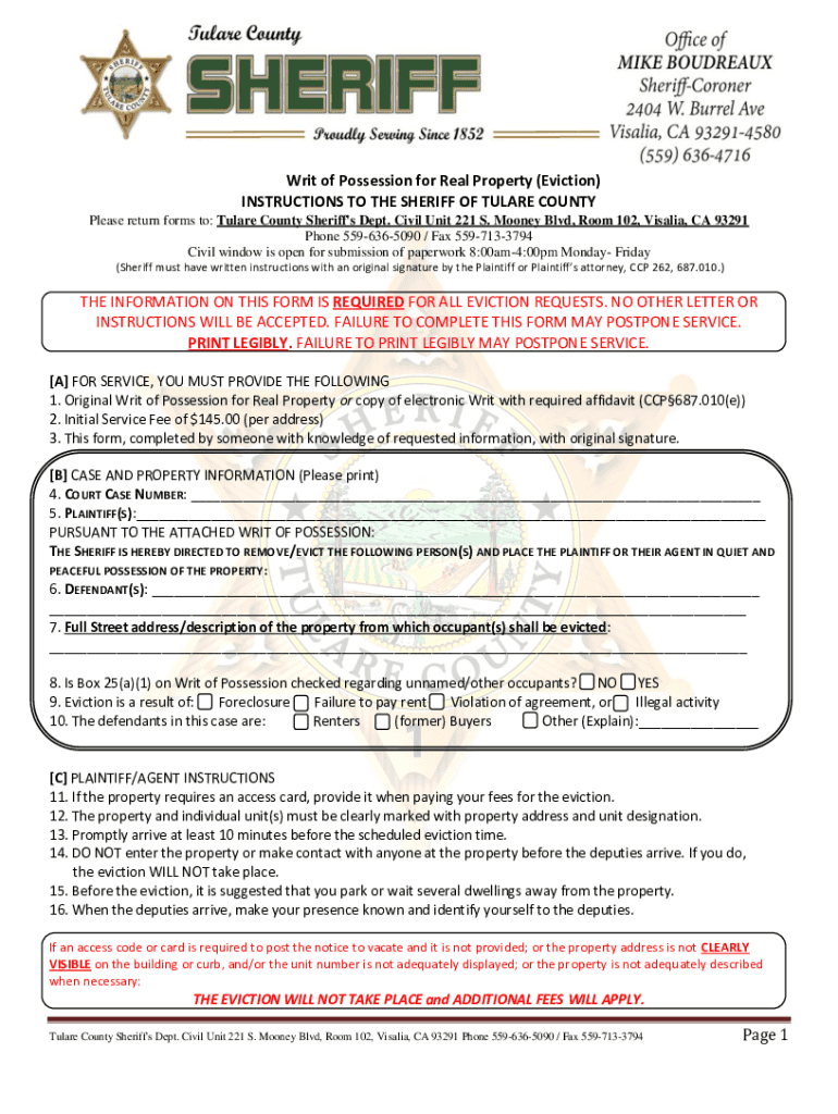 Fillable Online Eviction Instruction Sheet To The Sheriff Of The County Of Fax Email Print ...