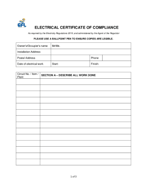 Fillable Online ELECTRICAL CERTIFICATE OF COMPLIANCE Fax Email Print ...