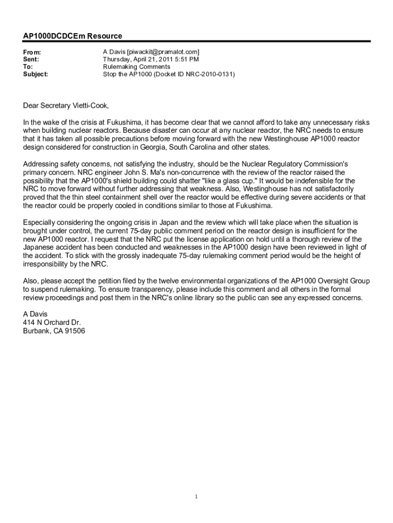 Fillable Online 2011/04/21 - Comment (1133) Form E-mail regarding the ...