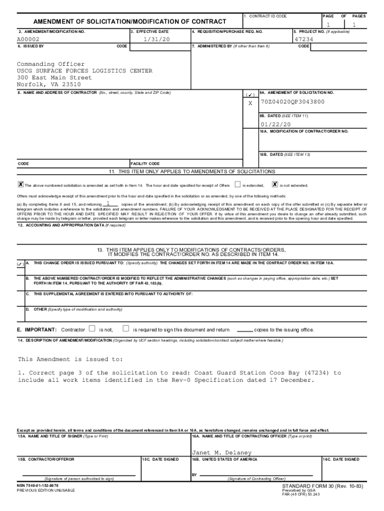 Fillable Online sf30. Amendment of Solicitation/ Modification of ...