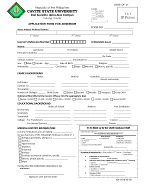 Fillable Online 2019 Application Form for Admission - Cavite State ...