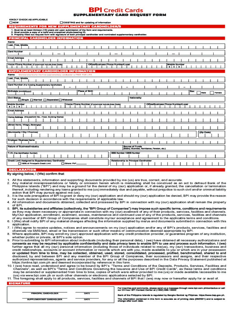 Fillable Online BPI SUPPLEMENTARY CARD REQUEST FORMDRAFT 1082021 Fax ...