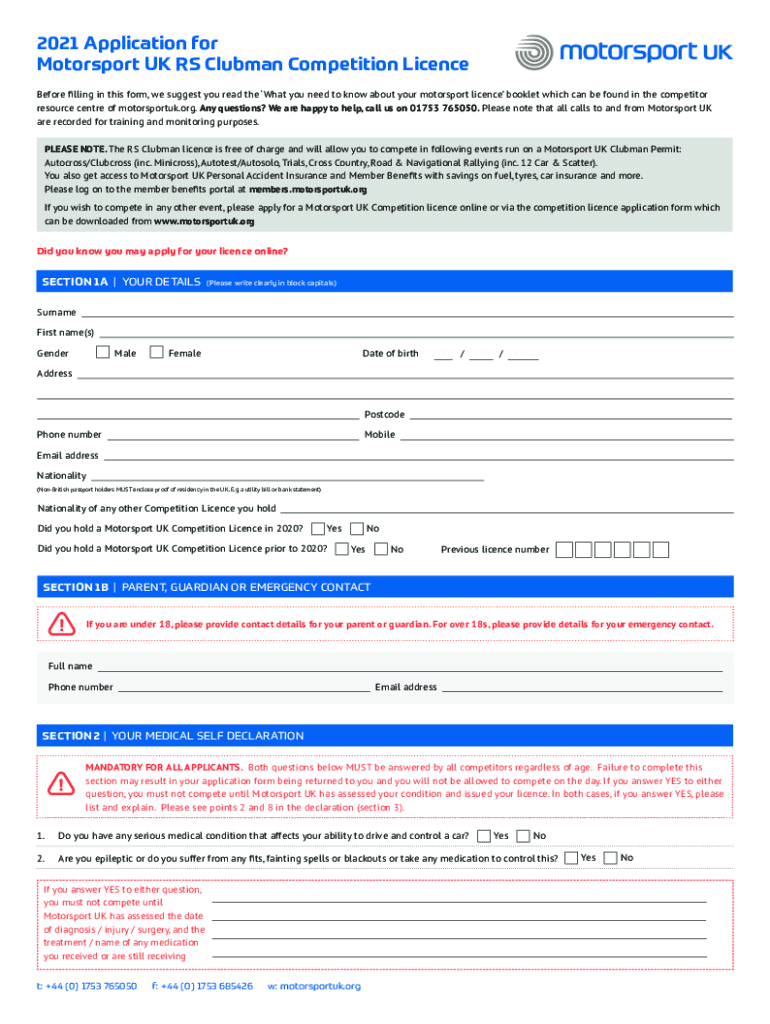 Fillable Online 2020 Application for Motorsport UK RS Clubman ...