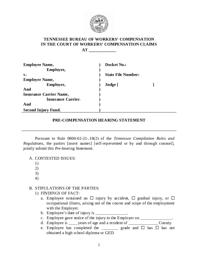 Court of Workers' Compensation Claims - Tennessee Doc Template | pdfFiller