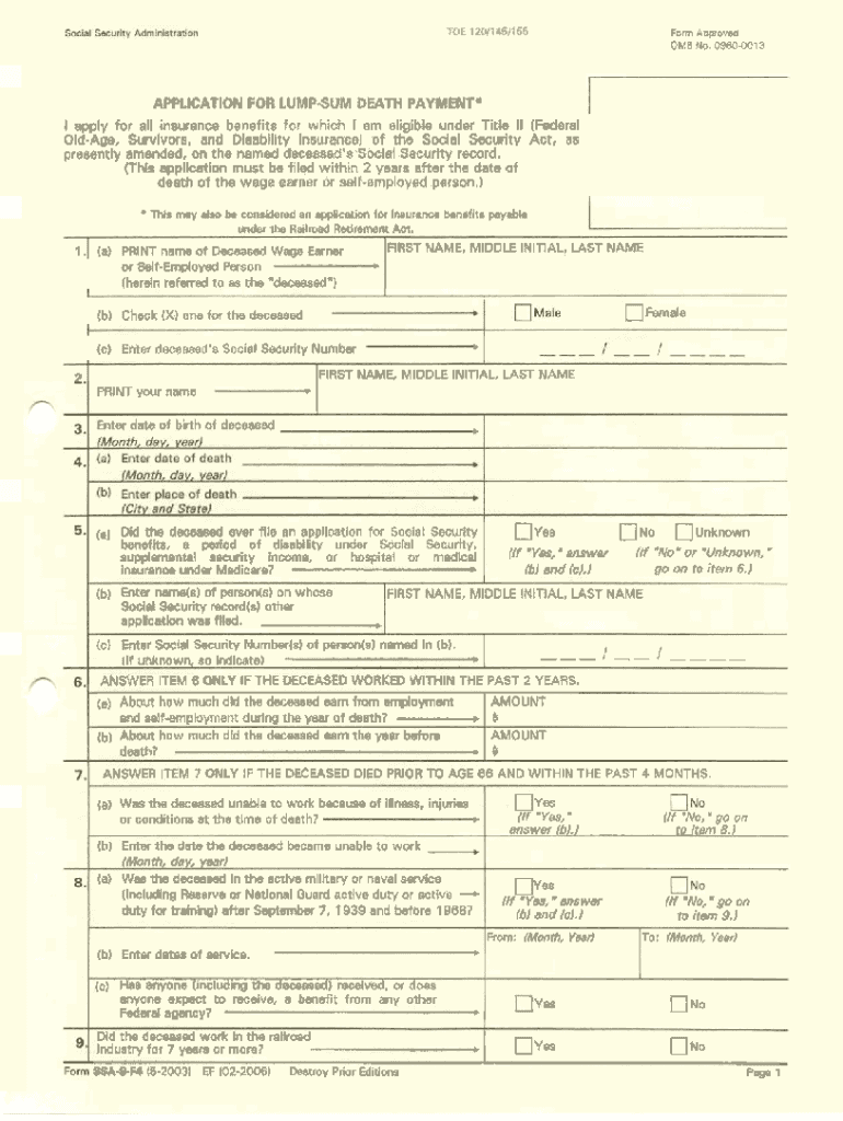 Fillable Online Form SSA 8 F4 Application For Lump Sum Death Payment ...