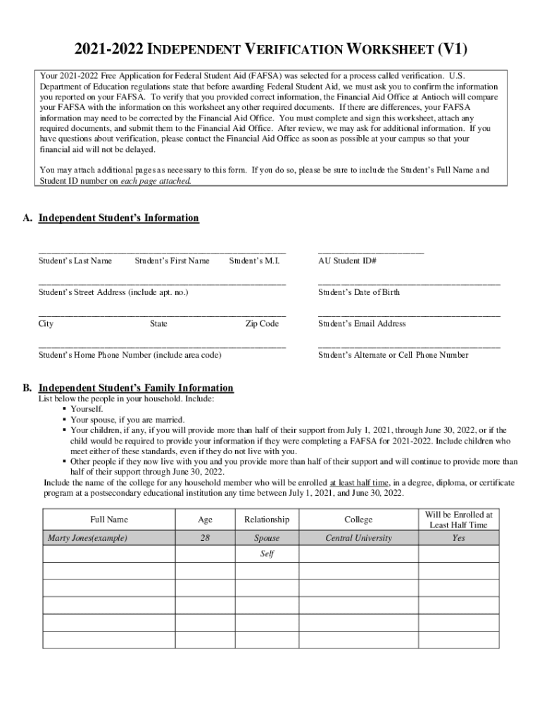 Fillable Online www.antioch.edu wp-content uploads2021-2022 INDEPENDENT VERIFICATION WORKSHEET ...