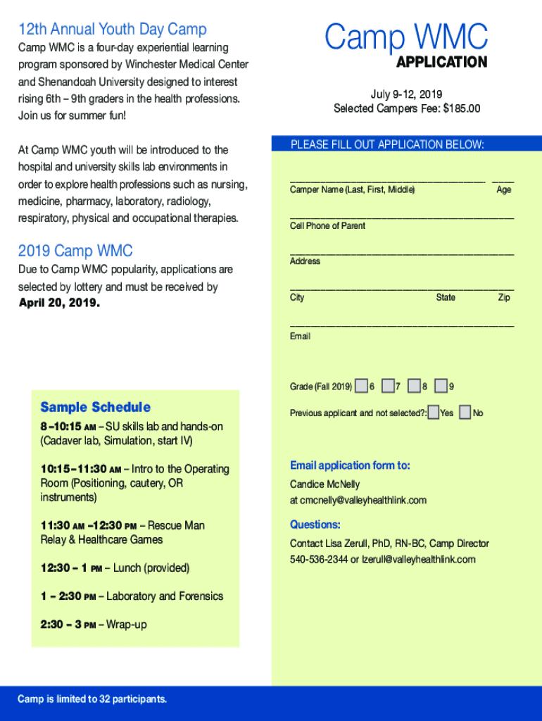 Fillable Online 2019 Camp WMC Form - Valley Health Fax Email Print ...