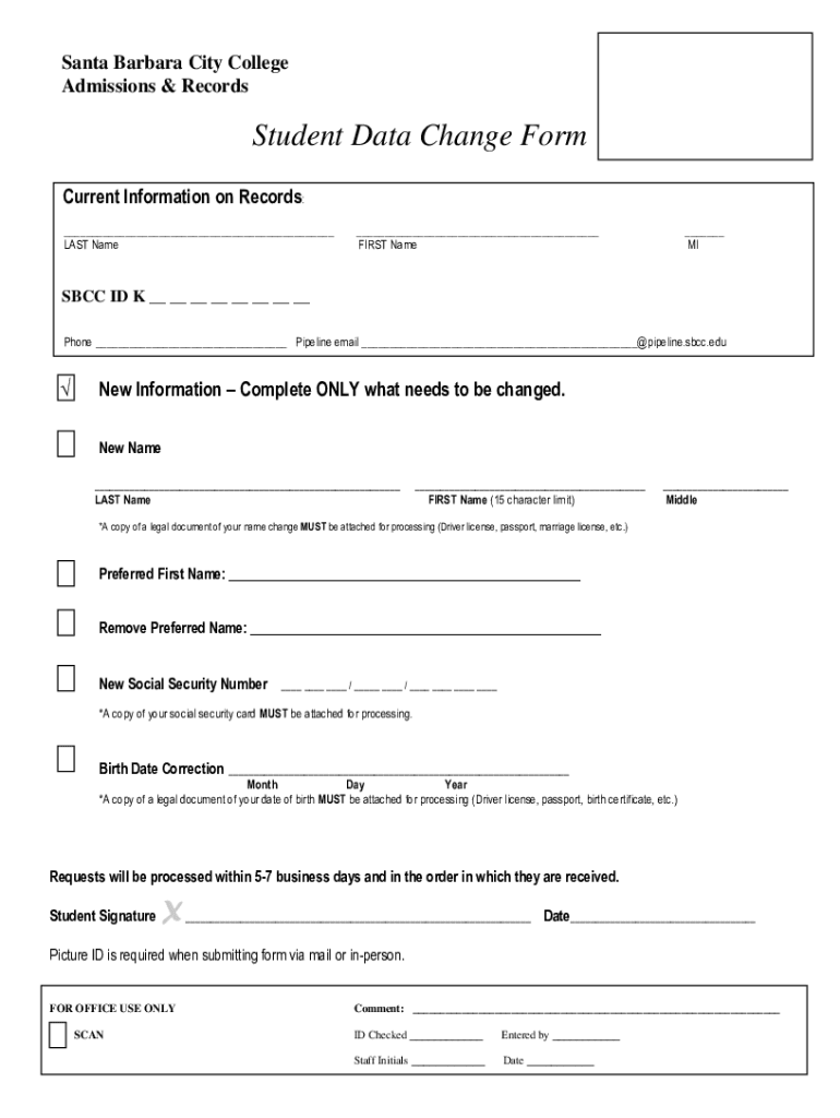 Fillable Online Student Data Change Form - Sbcc - Fill and Sign ...