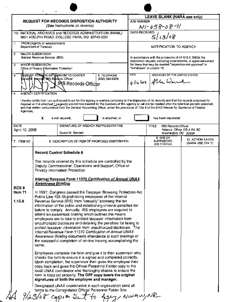 Fillable Online Form 11370, Certification of Annual UNAX (Unauthorized ...