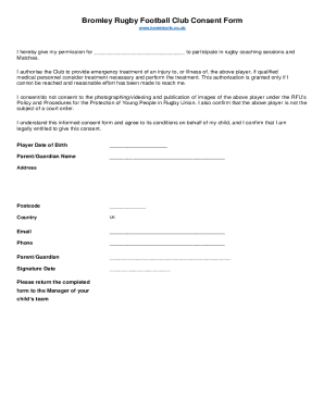 Fillable Online Bromley Rugby Football Club Consent Form Fax Email ...