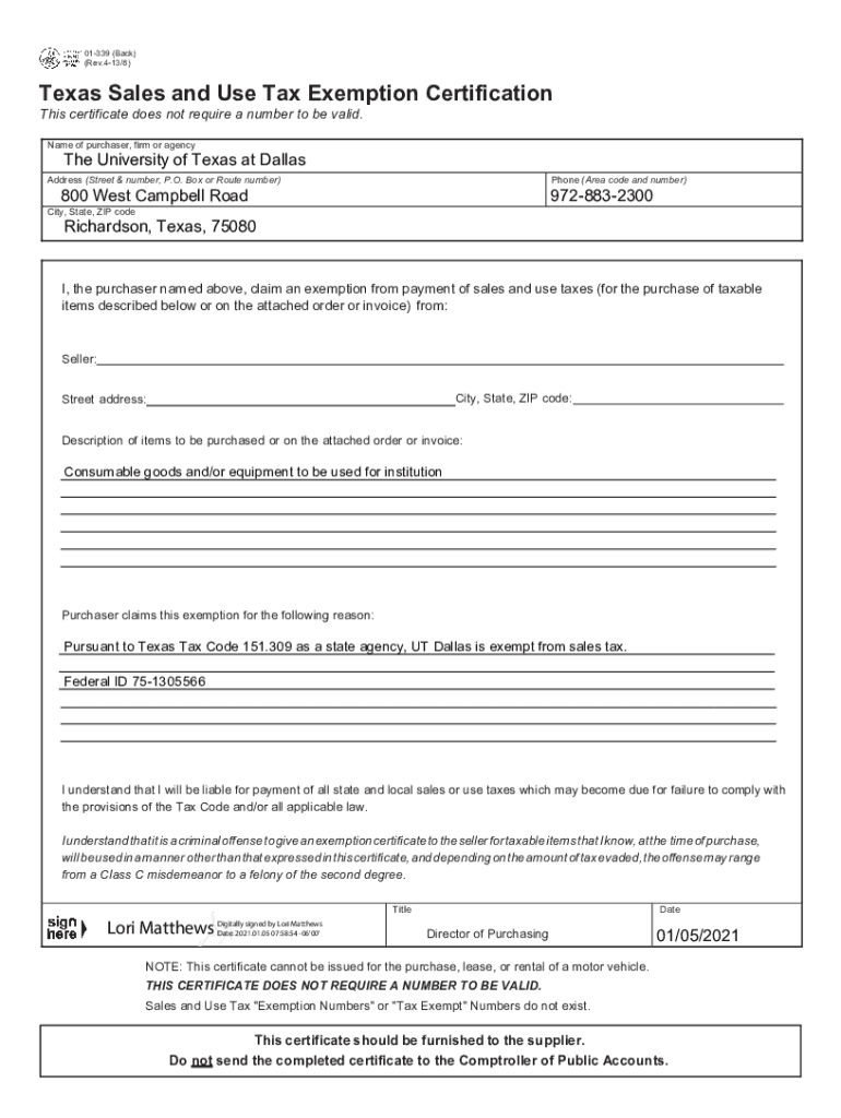 Fillable Online Texas Sales and Use Tax Exemption Certification - Greg ...