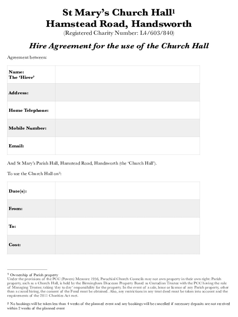 Fillable Online 17 10 27 - Church Hall Hiring Agreement Fax Email Print ...