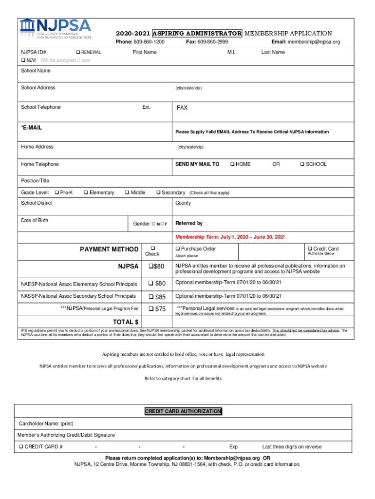 Fillable Online 2020-2021 ASPIRING ADMINISTRATOR MEMBERSHIP APPLICATION Fax Email Print - pdfFiller